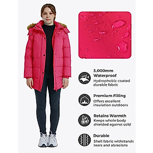 wantdo Girl's Winter Coats Long Puffer Coats Warm Fleece Jacket With Hood Rose Red 10-12