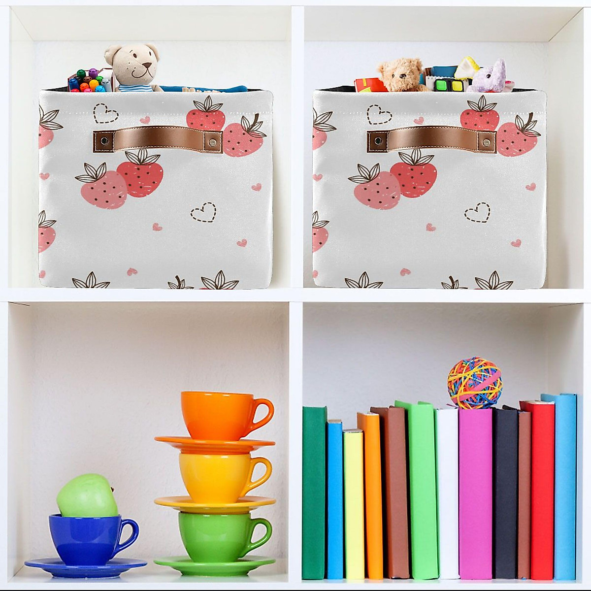 Qilmy Strawberry Pattern Storage Basket with Handles for Organizing, Collapsible Canvas Shelves Storage Bins for Home Closet Bedroom Living Room
