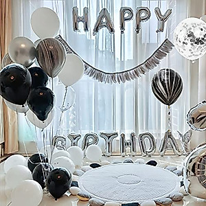 Black White Silver Party Balloons, 50pcs 12 Inch Thicker Marble Black and Pearl White Metallic Confetti Latex Balloons with Ribbon for Birthday Anniversary Decorations