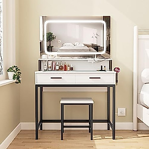 Fameill White Vanity Desk with Lights,Glass Top Makeup Vanity Table with Power Strip,Large Mirror Dressing Table Set with 2 Drawers and Hair Dryer Stand,35.4in(L)