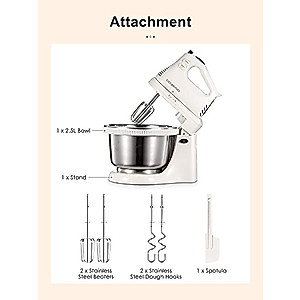2 in 1 Hand Mixers Kitchen Electric Stand mixer with bowl 3 Quart, electric mixer handheld for Everyday Use, Dough Hooks & Mixer Beaters for Frosting, Meringues & More (White-S)