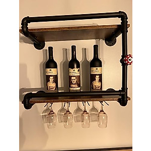 BOTAOYIYI Wine Rack Wall Mounted 2 Tier, Hanging Floating Small Mini Bar Liquor Shelves with Glass Holder Storage Under, Industrial Rustic Pipe Farmhouse Kitchen Decor Black(23.6x10.6x19.7)