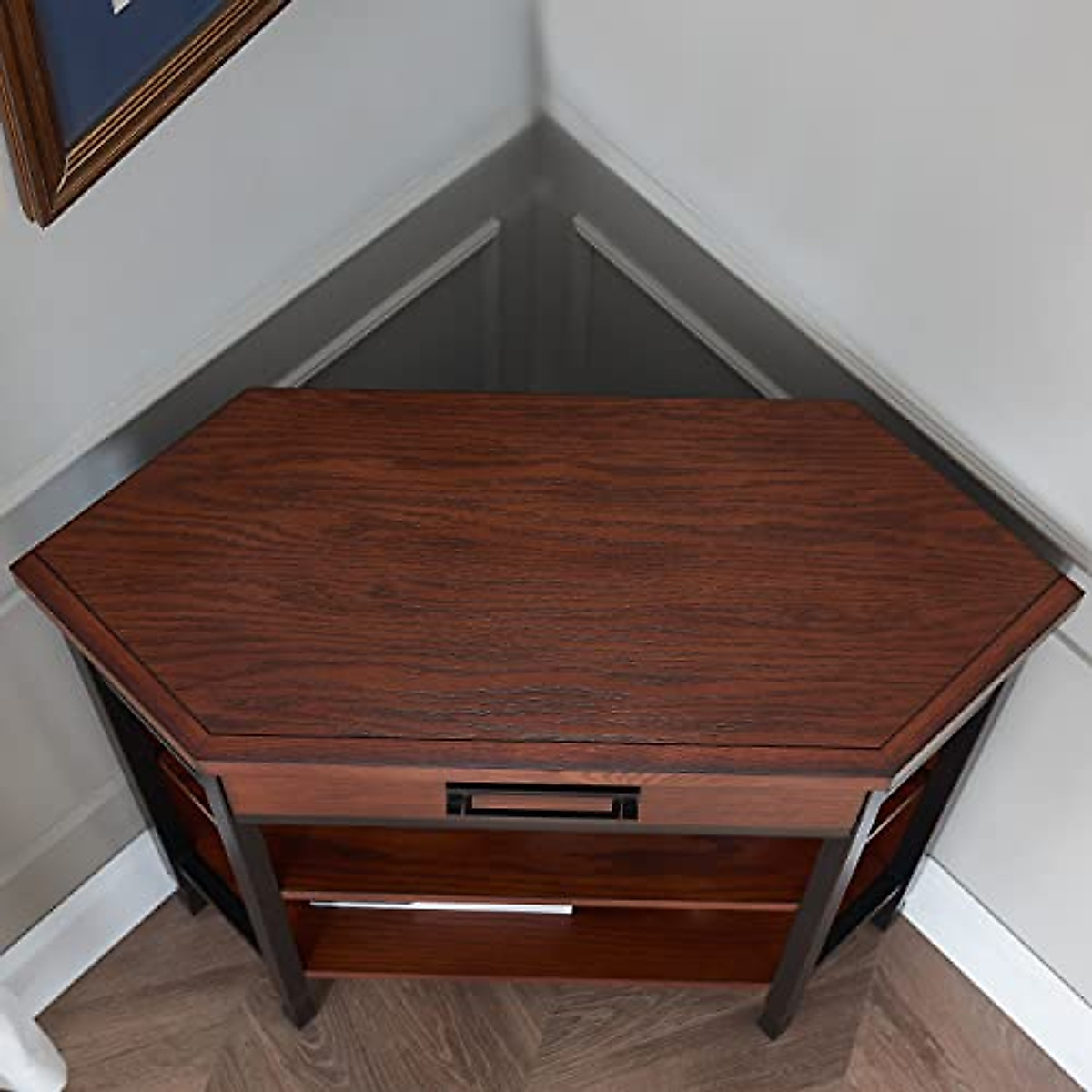 Leick Home 11264 Ironcraft Foyer Corner Rustic Bookcase with Drawer Storage, Mission Oak