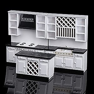 1:12 Scale Mini House Wooden Furniture Miniature Kitchen Cabinet Mini Bar Counter Furniture Set (White and Black)