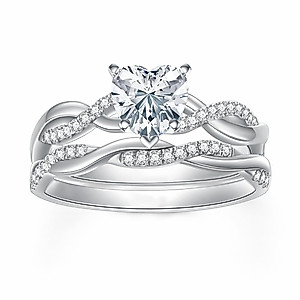 Heart Wedding Ring Set for Women 1-1/2 Carat(ctw) Moissanite Bridal Sets Wedding Rings Heart Sahped Twiseted Engagement Ring Set 925 Sterling Silver 10K 14K 18K Gold (Style 6)