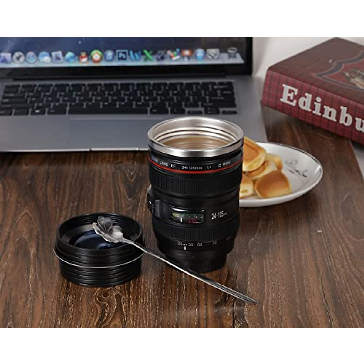 DEEXITO Camera Lens Coffee Mugs,Stainless Steel Lens Cups with Four-leaf Clover Spoon,Ideal Gifts for Photographers Sweeties Men Women Birthday Xmas