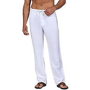 Soojun Men's Linen Beach Pants Lightweight Summer Pants with Drawstring, White, Medium/32 Inseam