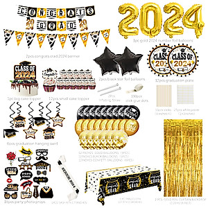 graduation decorations class of 2024 black gold - (89pack) Congrats Grad Banners, class of 2024, Hanging Swirl, Balloons, Tablecloths, Cupcake Topper, Plates, Photo Props, senior 2024 Sash