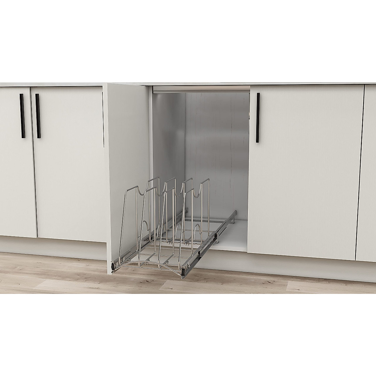 Slide Out Organizer for Cutting Board, Pan, Bakeware, and Tray - Pull Out Kitchen Cabinet Rack - (11W x 22D x 11.8H inch, Chrome)