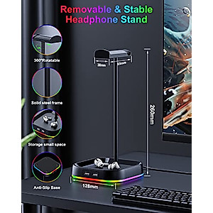 COSDIG RGB Gaming Headphone Stand for Desk,Headset Stand,Headphone Holder Storage with 3 USB and 3.5mm AUX Ports,Headphone Hanger Mount Gaming Earphone Accessories as PC Gamer Gift