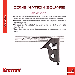Starrett Steel Combination Square with Square Head - 6" Blade Length, Cast Iron Heads, Hardened Steel, Reversible Lock Bolt, Scriber, Spirit Level - 4R Graduation - 11H-6-4R