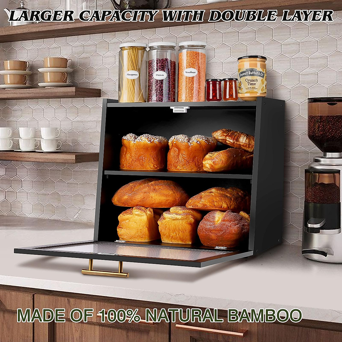 Joyvilla Double Layer Bamboo Bread Box for Kitchen Countertop, Bread Storage Container, Black Bread Box with Window, Large Capacity