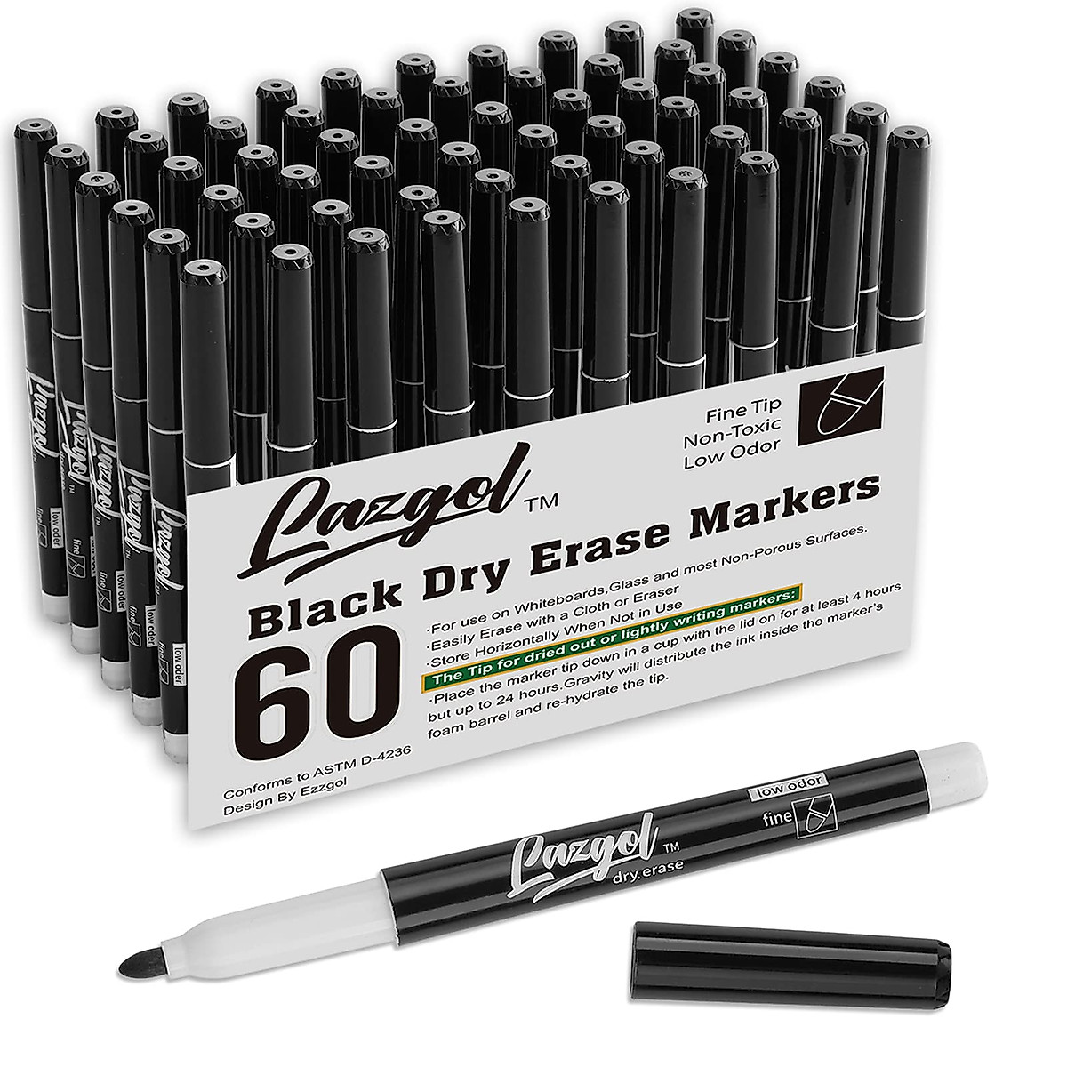 Dry Erase Markers Bulk, LAZGOL 60 Pack Black Low Odor Whiteboard Markers, Fine Point Dry Erase Markers Perfect for Writing on Dry Erase Whiteboard Mirror Glass for School Office Home
