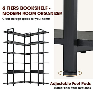 Corner Bookcase, 6-Tier L-Shaped Tall Bookshelf with Open Storage, Freestanding Industrial Shelf with Metal Frame for Home Office Funiture(Black)