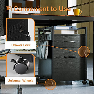 ODK File Cabinet with 2 Drawers, Mobile Office Cabinet with Lock on Wheels, Rolling Office Printer Stand Filing Cabinet for A4, Letter Sized Document with Iron Hook, Black