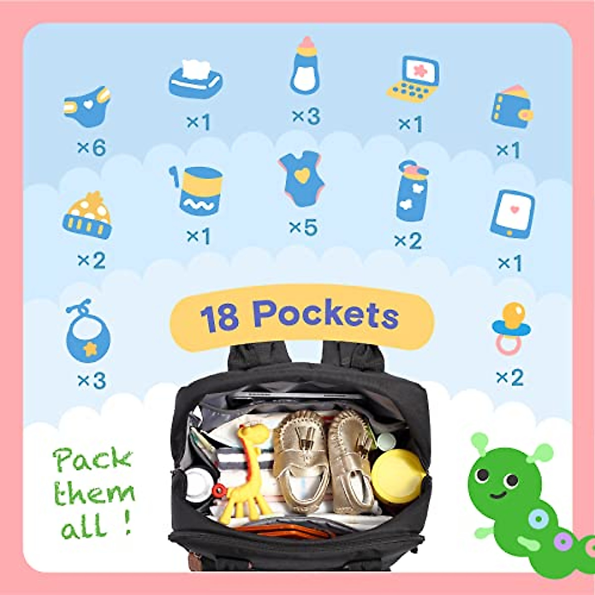 iniuniu Diaper Bag Backpack, 4 in 1 kit Large Unisex Baby Bags for Boys Girls, Waterproof Travel Back Pack with Diaper Pouch, Washable Changing Pad, Pacifier Case and Stroller Straps, Black