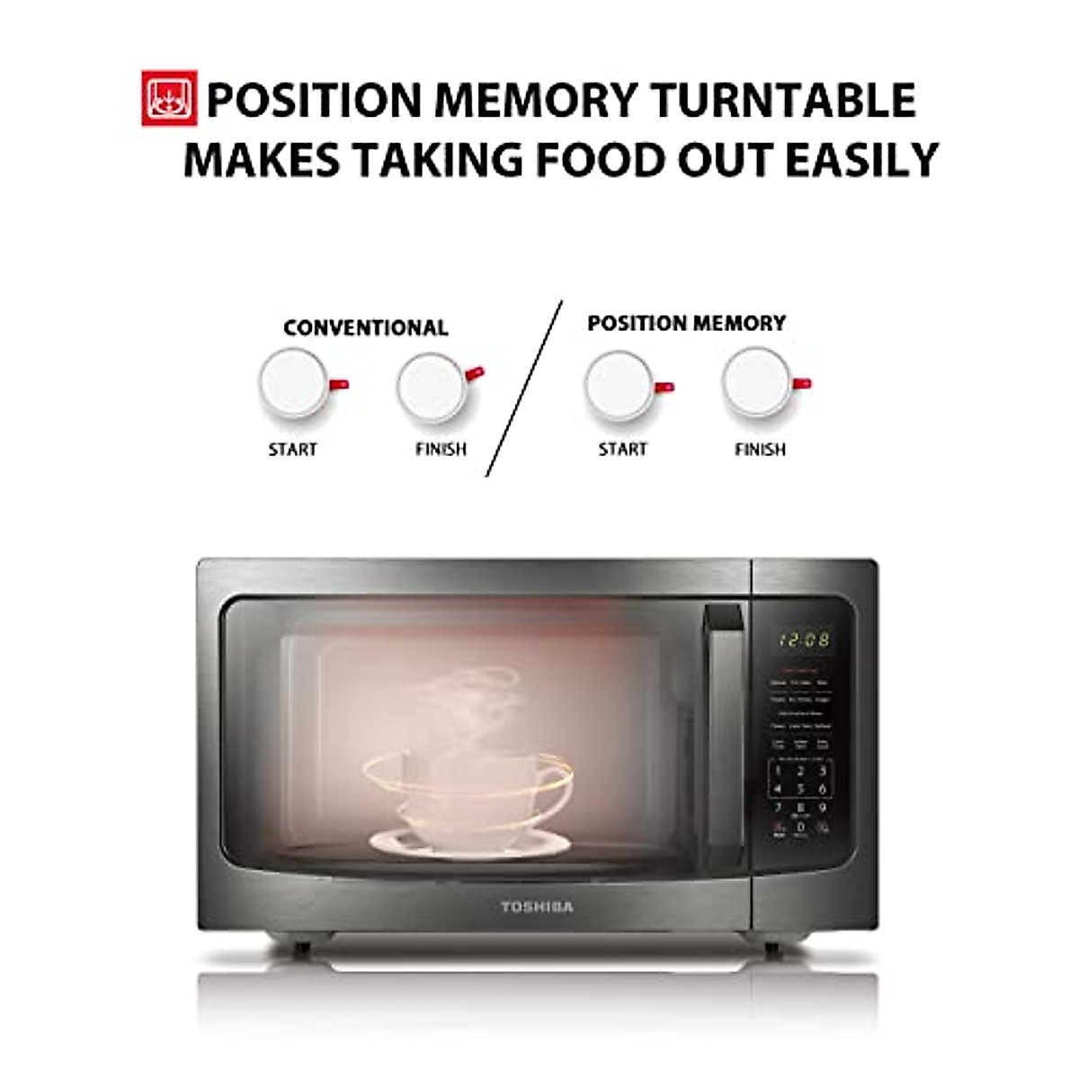 TOSHIBA ML-EM45P(BS) Countertop Microwave Oven with Smart Sensor and Position Memory Turntable, Memory Function, 1.6 Cu.ft with 13.6" Removable Turntable, Black Stainless Steel, 1200W