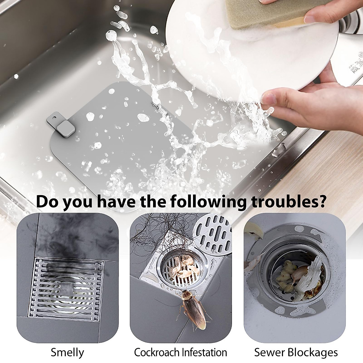 Tub Stopper Silicone Floor Drain Anti-Odor Mat, 5.9 inch Drain Plug Hair Stopper Flat, Bathtub Stoppers Flat Bathtub Drain Cover, Bathroom Accessories, Sink Cover- 2 Pack, Gray