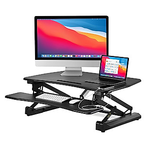 Mount-It! Electric Standing Desk Converter | Motorized Sit Stand Desk with Built in USB Port | Ergonomic Height Adjustable Workstation | Black (MI-7927E)