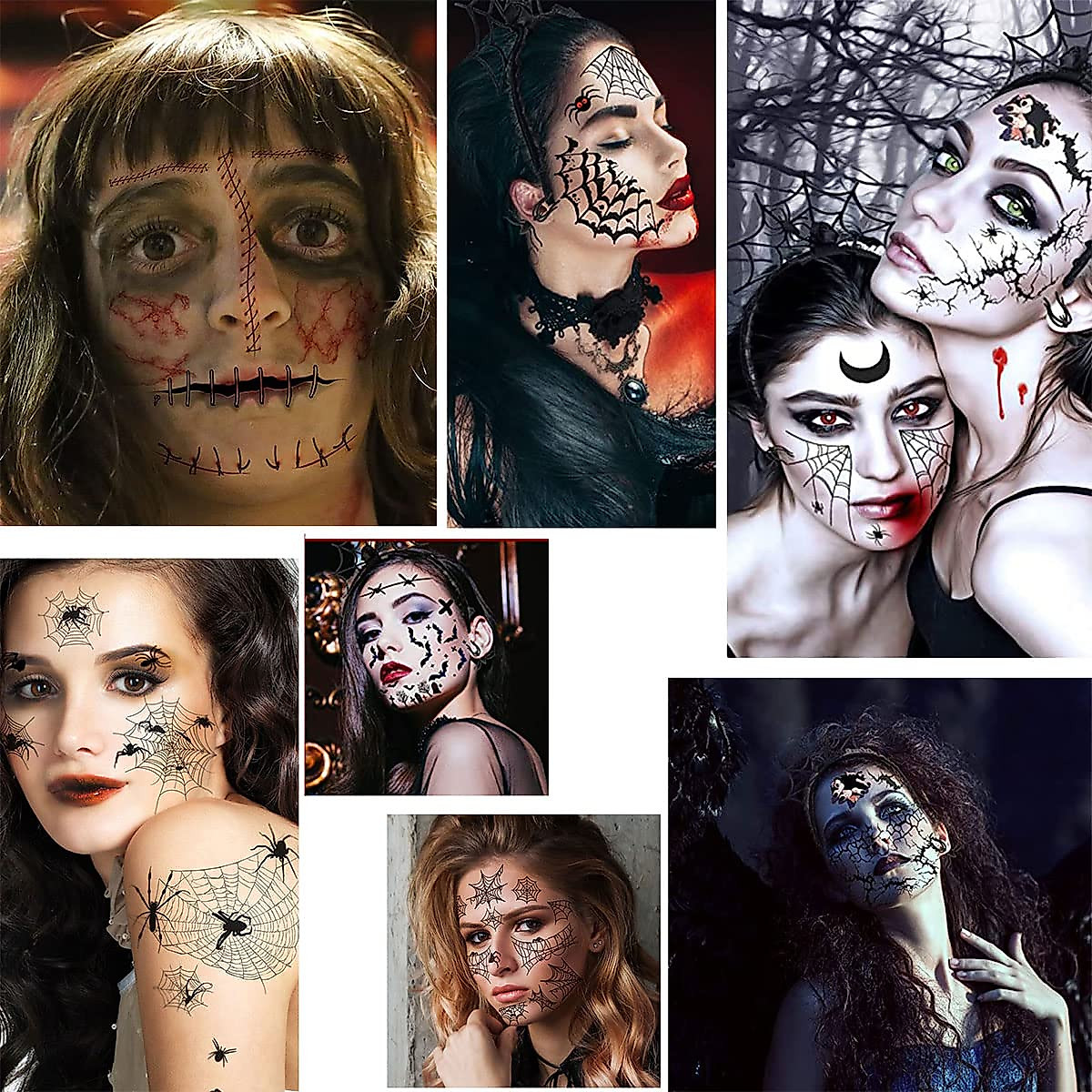 AUOCATTAIL 12 Count Halloween Temporary Tattoos Face Shoulder Arm Back Tattoos Stickers - Spider, Bat, Zombie, Scar for Death Day Makeup Face Tattoos for Women Men Party Supplies