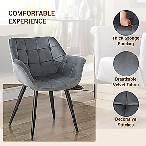 GURLLEU Velvet Accent Chairs Set of 2 Mid-Back Dining Chair with Arms, Modern Leisure Armchair Upholstered Single Sofa Chair with Black Paint Legs for Living Room Home,Gray