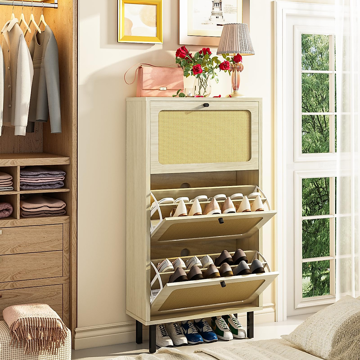 DKLGG Shoe Cabinet with 3 Flip Drawers, Rattan Entryway Shoe Storage Cabinet, Freestanding Wooden Shoe Rack Storage Cabinet with Metal Legs, Narrow Hidden Shoe Organizer for Entryway Hallway Mudroom