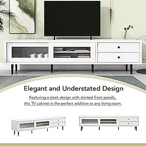 PONNYC TV Stand for TVs up to 75",Modern TV Cabinet with Sliding Fluted Glass Doors and Slanted Drawers,Media Entertainment Center Console Table Coffee Tables Credenza for Living Room Bedroom,White B