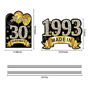 2Pcs Black Gold 30th Birthday Yard Sign Decorations for Men Women, Happy 30 Birthday Made in 1993 Lawn Sign Party Supplies, Thirty Birthday Outdoor Lawn Decor with Stakes