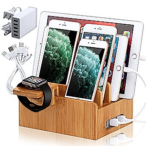 Bamboo Cell Phone Charging Station, Charger Organizer for Multiple Devices Compatible with Cell Phones, Watch, Tablet (with Watch Stand, 5 Port USB Charger, 6 Charger Cables) -BambuMate