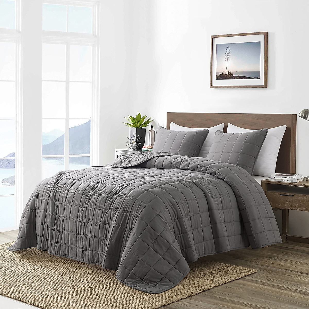 B2EVER Gery Quilt California Cal King Size Bedding Sets with Pillow Shams, Oversized Lightweight Soft Bedspread Coverlet, Quilted Blanket Thin Comforter Bed Cover, 3 Pieces, 118x106 inches