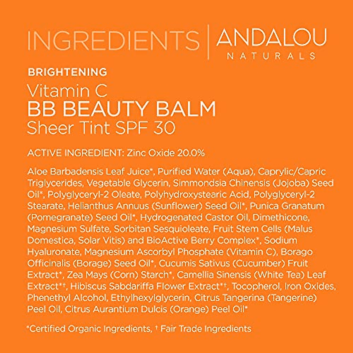 Andalou Naturals Vitamin C BB Beauty Balm Sheer Tint SPF 30, 2-in-1 BB Cream & Face Sunscreen with Broad Spectrum Protection, Mineral Sunscreen with Non-Nano Zinc Oxide, 2 Fl Oz