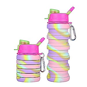 WATMHHJQ Silicone Collapsible Water Bottles, 16oz 500ml Portable Foldable Expandable Water Bottle Sports Cups with Carabiner, Leak Proof Reusable BPA Free, for Outdoor Activities Travel(2# Pink)