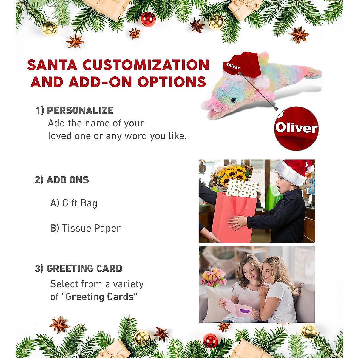 DolliBu Santa Rainbow Dolphin Stuffed Animal Plush Toy - Super Soft Wild Animal Dress Up with Red Santa Claus Hat, Wildlife Gift, Perfect Holiday with Name Personalization - 14 Inches