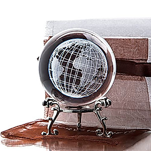 H&D HYALINE & DORA 2.3 inch (60mm) Clear Crystal Glass Ball Paperweight 3D Laser Engraved Earth Globe World Map Ball with Metal Stand Decor