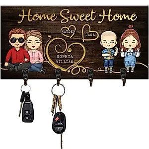 Pawfect House Home Sweet Home, Personalized Key Hanger, Key Holder, Fathers Day, Birthday Gifts for Husband, Gifts for Wife, Wall Key Hanger Wooden Decorative Family Sign with Hooks (Couple & 2 Kids)