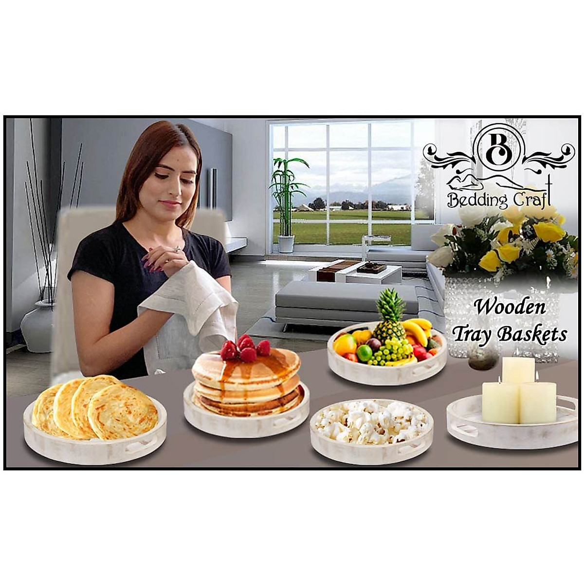 BEDDING CRAFT Set of 2 Countertop Wooden Round Fruit Baskets Decorative Coffee Table Tray – A Ideal Match for Ottoman or Side Table Charcuterie Board or Cheese Platter Kitchen General Storage Space