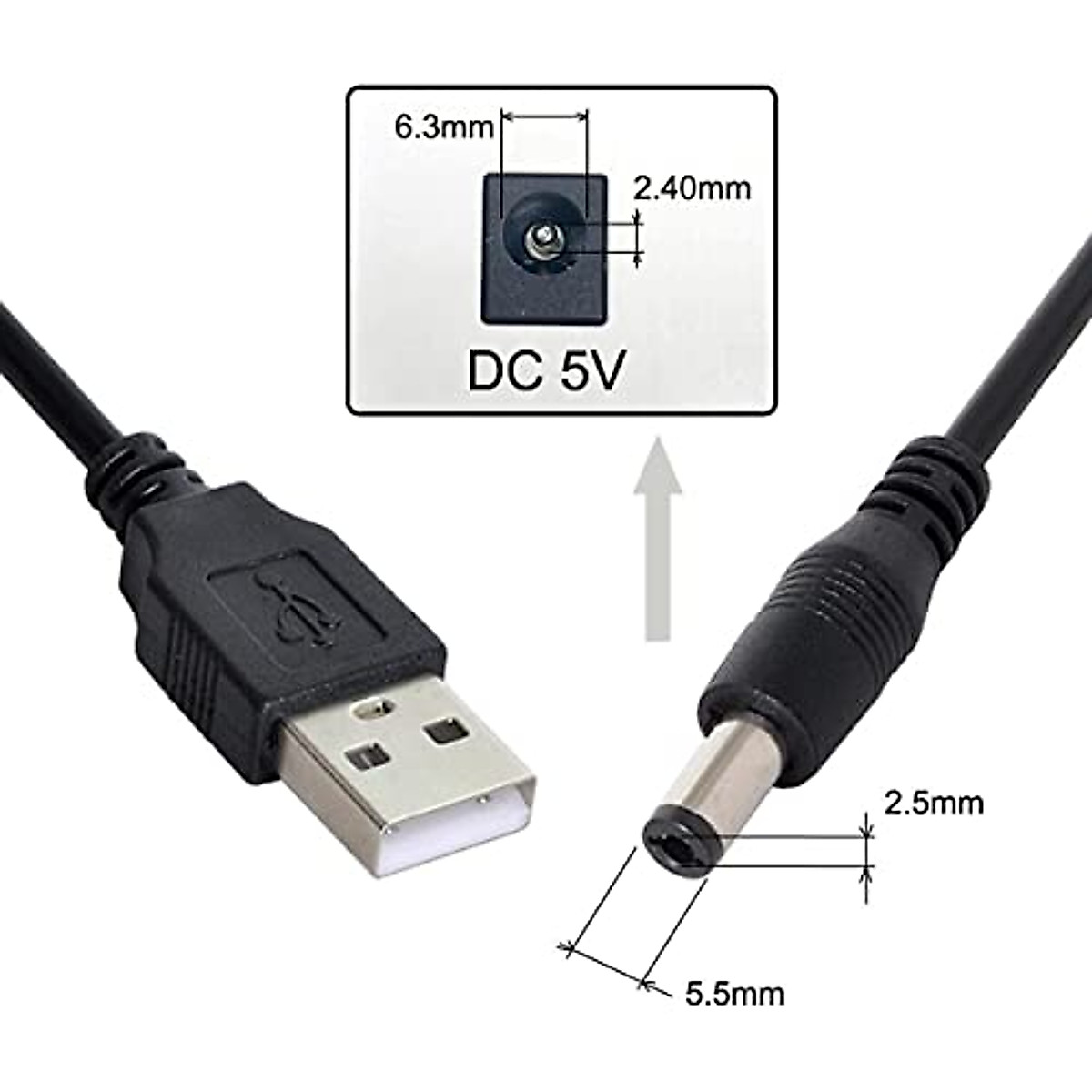 cablecc USB 2.0 Male A Type to 5.5 x 2.5mm DC 5V Power Plug Barrel Connector Charge Cable 80cm
