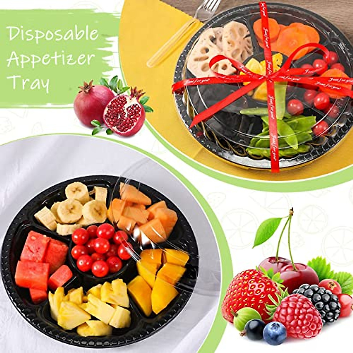 Lyellfe 30 Pack Plastic Appetizer Tray with Lid, Disposable Fruit Veggie Tray with 6 Compartment, 10.5 Inch Heavy Duty Snack Serving Platter Container for Salad, Nut, Olive, Party