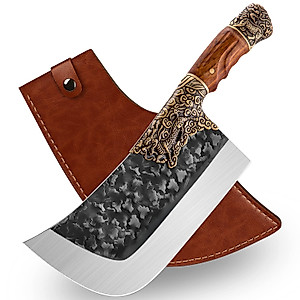 Purple Dragon Meat Cleaver Knife Heavy Duty Butcher Knife Hand Forged Professional Bone Chopper with leather sheath outdoor Knife High Carbon Steel Sharp for Home or Restaurant Gift Box