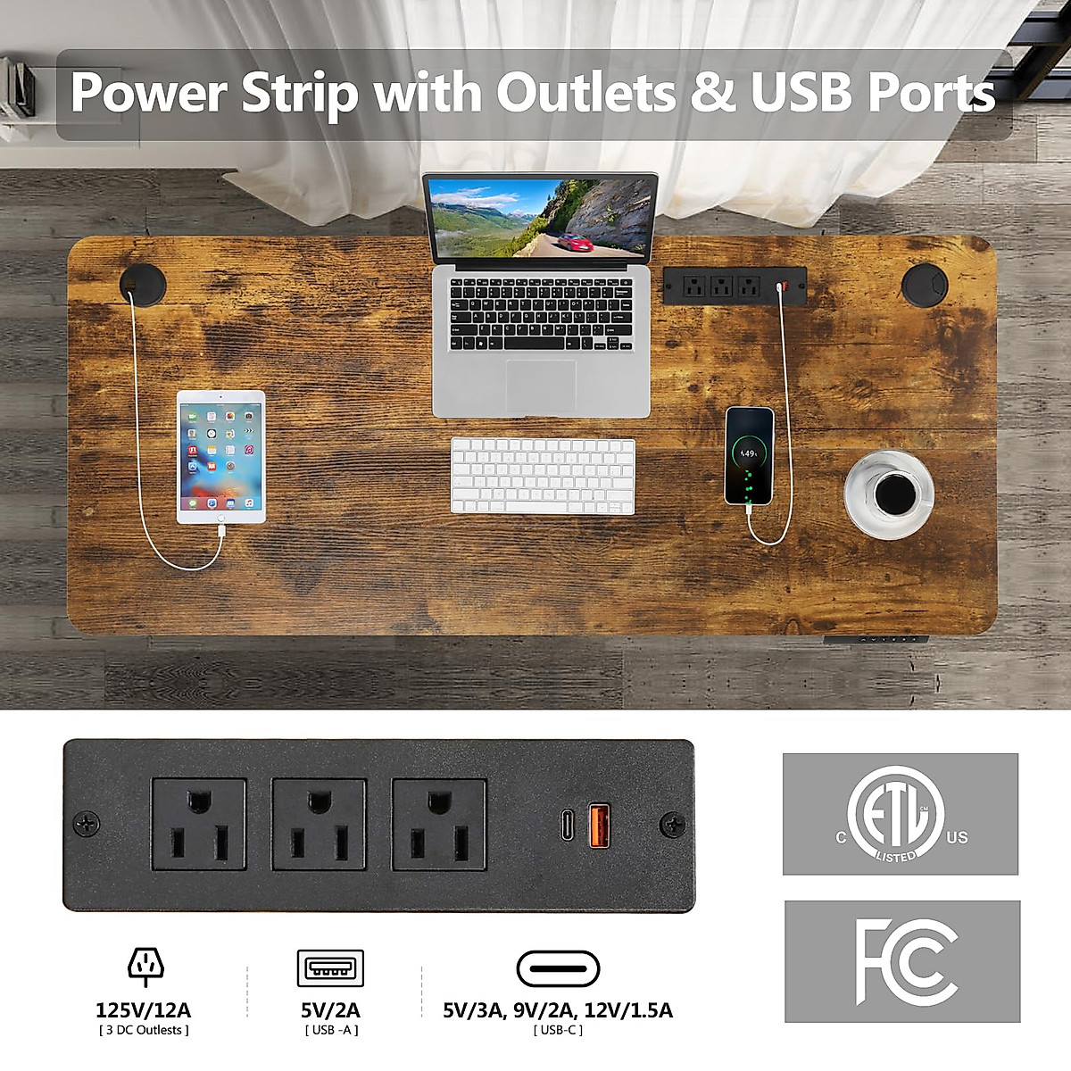 Legooin Electric Adjustable Height Standing Desk, 55×24 Inches Sit Stand Desk with Power Socket, 2 USB Ports, 3 Power Outlets, 4 Wheels,4 Memory Buttons Home Office Desk (Brown)