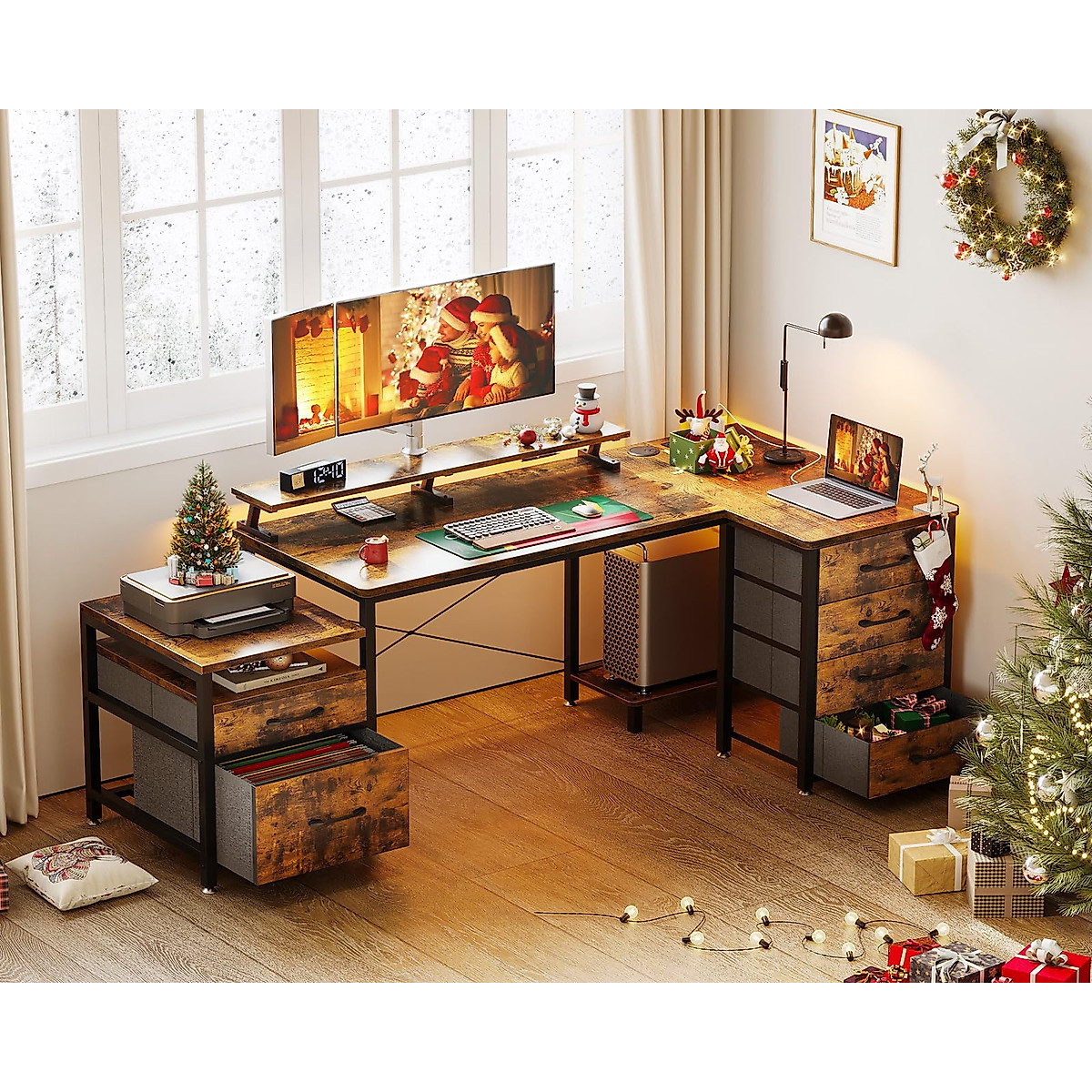 AODK L Shaped Desk with 6 Drawers & Power Outlet, 72 Inch Computer Desk with File Drawer & Printer Storage Shelves, Reversible Desk with Monitor Shelf for Home Office, Rustic Brown