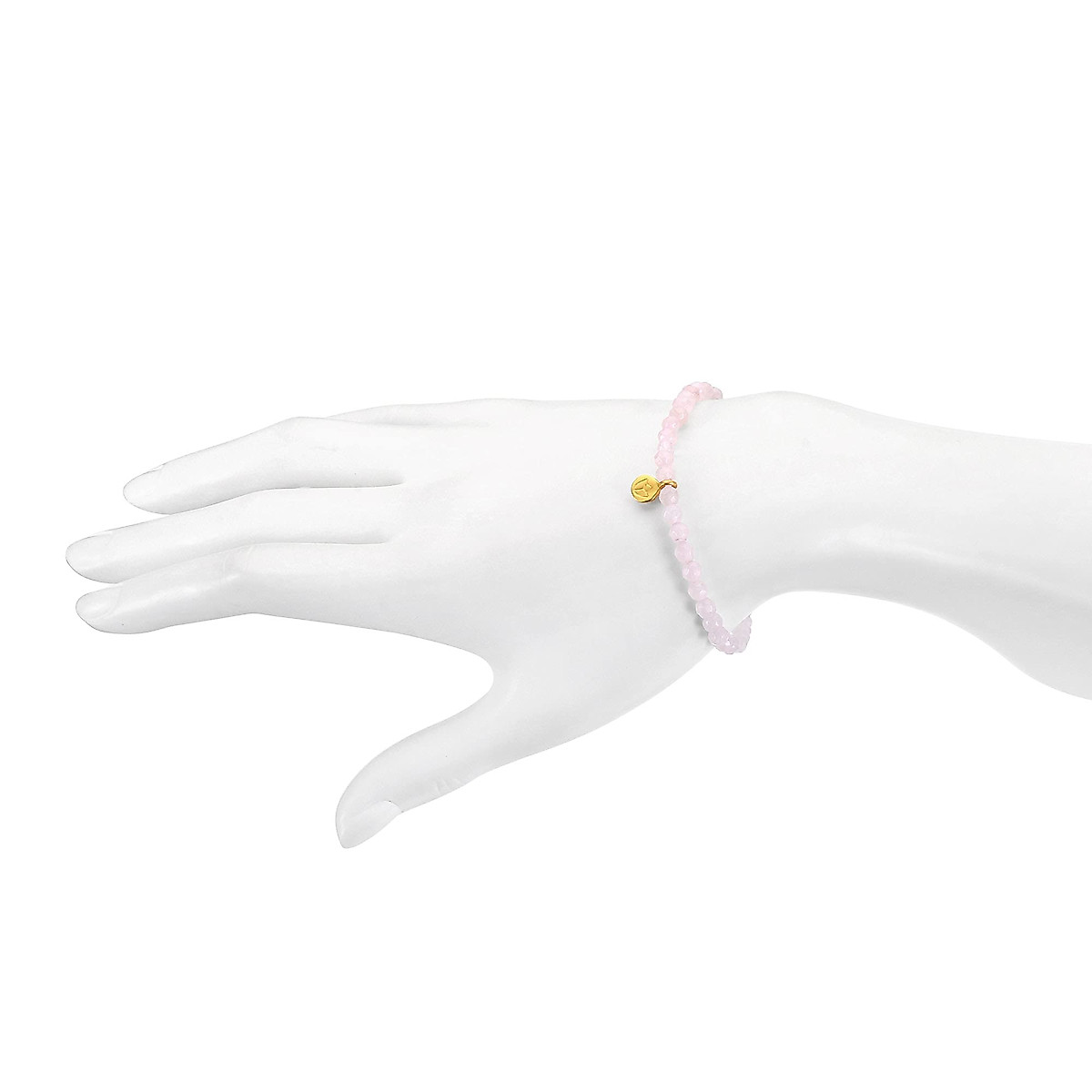 Satya Jewelry 4mm Rose Quartz and 18K Yellow Gold Plated Mini Lotus Stretch Women's Bracelet, 7"