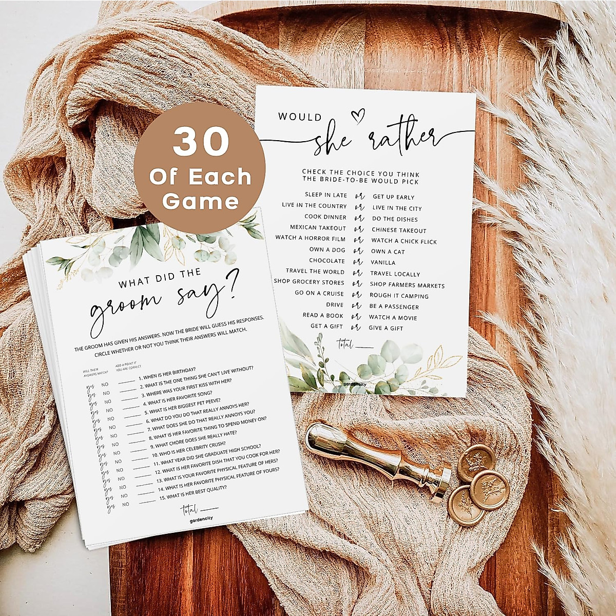 Bridal Shower Games - Set of 4 Bridal Shower Games for 30 Guests, Double-Sided Cards (Eucalyptus)