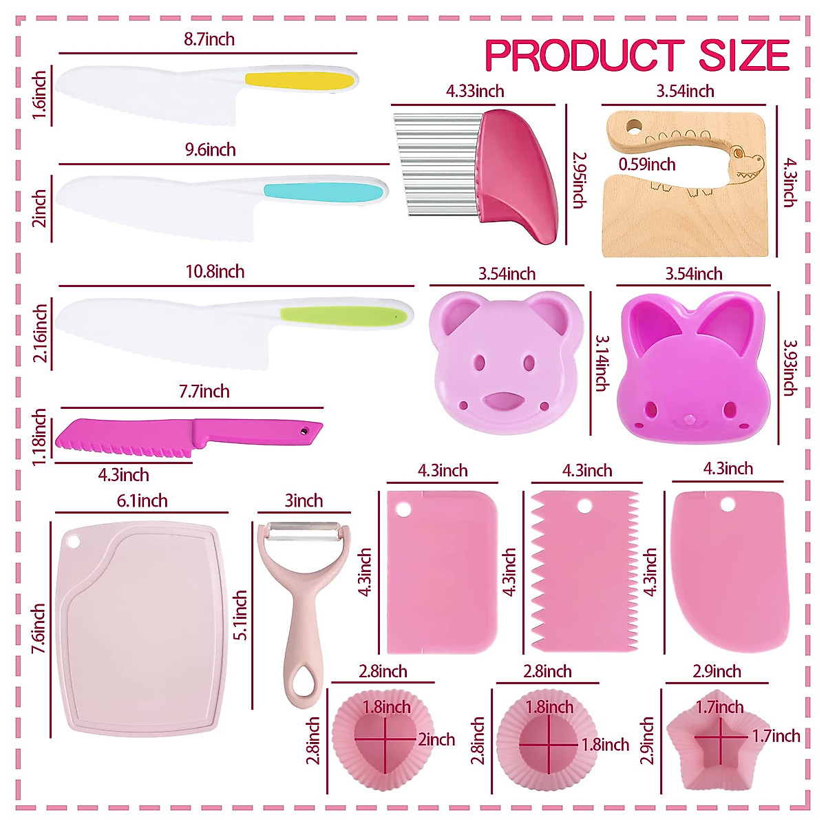 19 PCS Wooden Kids Kitchen Safe Knife Set with Wood Kids Knife, Plastic Potato Slicers, Serrated Edges Plastic Toddler Knife, Cake Scraper, Crinkle Cutter, Cutting Board, Kids Safe Knife for Children