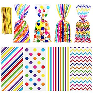 Aneco 100 Pack Rainbow Cellophane Bags Plastic Candy Bags Gift Bags Goodie Bags with Twist Ties for Valentine, Birthday, Gift Cookie Snack Packing Party Favor Supplies
