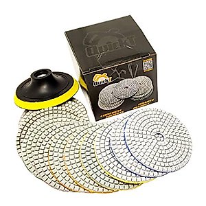 QuickT PPW701E Stone Concrete Marble Quartz Granite 4 Inch Diamond Wet Sanding Polishing Polisher Pads Kit Tools for Wet Grinder Polisher, Includes Countertop Polish DIY Guide & Video