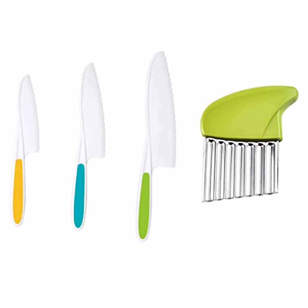 JIANYI Kids Knife Set, Kitchen Baking Knife Set with Crinkle Cutter, Serrated Edges Plastic Toddler Knife Kids Safe Knives for Real Cooking & Cutting Fruit, Bread, Lettuce - Set of 4