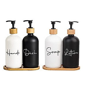 17 oz Hand Soap Dispenser Empty Glass Lotion Pump Bottles, Refillable Liquid Dish Soap Bottles for Bathroom Decor, Kitchen Sink, Matte Design and Wood Tray, Pack of 4