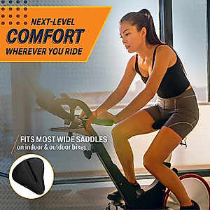 Bikeroo Bike Seat Cushion - Padded Gel Wide Adjustable Cover for Men & Womens Comfort, Compatible with Peloton, Stationary Exercise or Cruiser Bicycle Seats, 11in X 10in (Black)