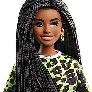 Barbie Fashionistas Doll #144 with Long Brunette Braids Wearing Neon Green Animal-Print Top, Pink Shorts, White Sandals & Earrings, Toy for Kids 3 to 8 Years Old